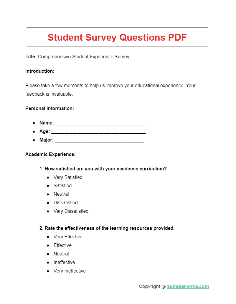 FREE 14+ Survey Questions for Students Samples, PDF, MS Word, Google Docs