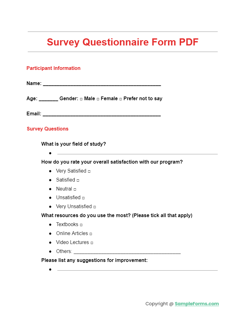 FREE 10+ Survey Questionnaire Form Samples, PDF, MS Word, Google Docs