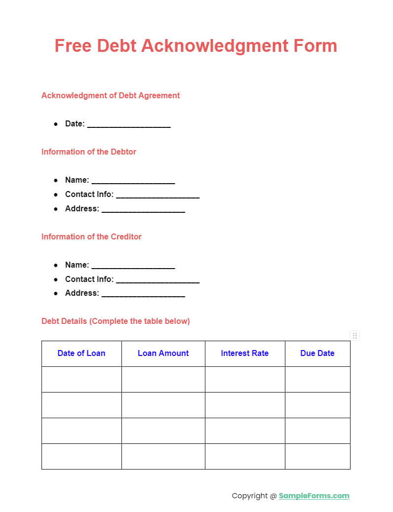 FREE 8+ Debt Acknowledgment Form Samples, PDF, MS Word, Google Docs