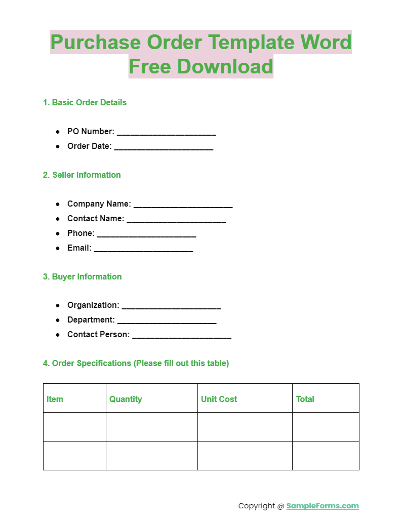 FREE 14+ Purchase Order Form Samples, PDF, MS Word, Google Docs, Excel