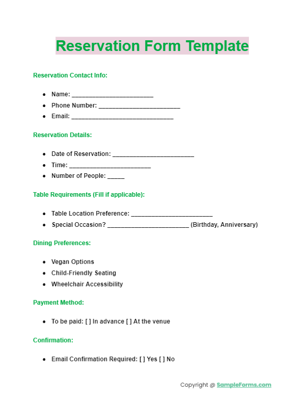 FREE 25+ Reservation Form PDF, MS Word, Google Docs, Excel