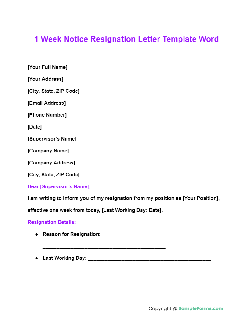 FREE 8+ 1 Week’s Notice Resignation Letter Sample PDF, MS Word, Google Docs