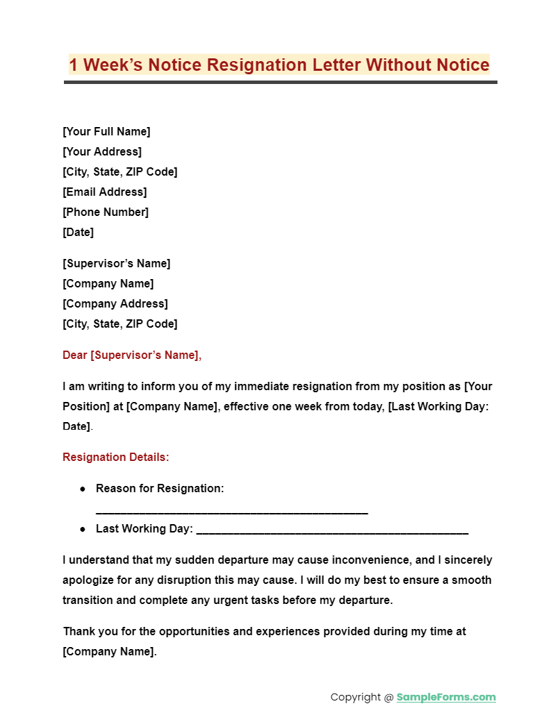 FREE 8+ 1 Week’s Notice Resignation Letter Sample PDF, MS Word, Google Docs