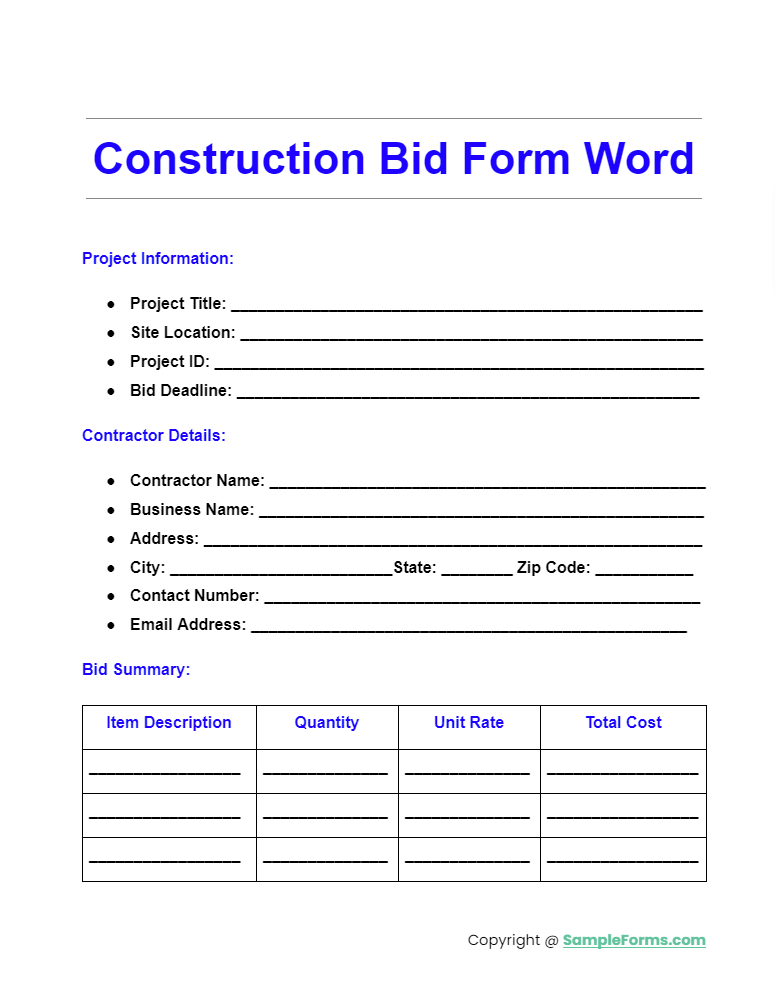 FREE 12+ Construction Bid Form Samples, PDF, MS Word, Google Docs, Excel