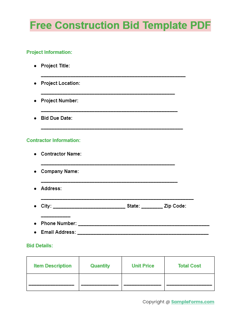 FREE 12+ Construction Bid Form Samples, PDF, MS Word, Google Docs, Excel