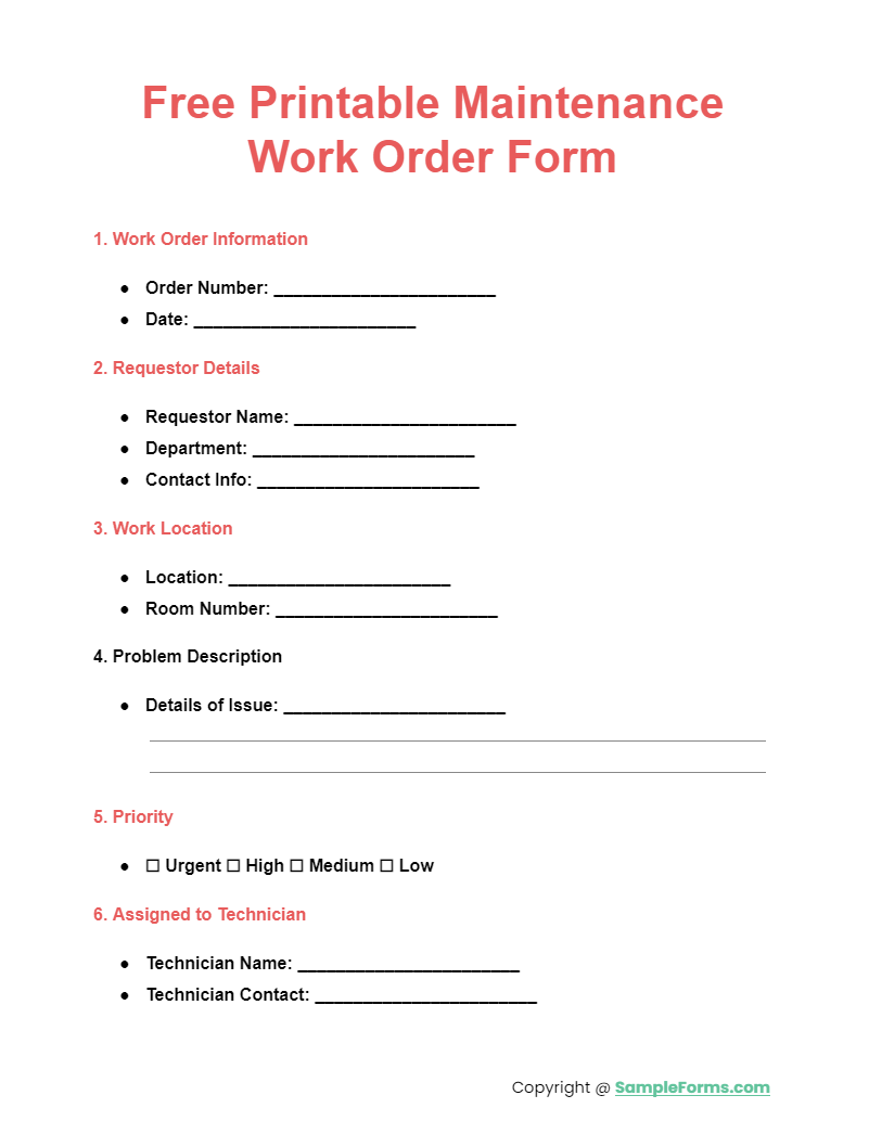 FREE 11+ Maintenance Work Order Form Samples, PDF, MS Word, Google Docs