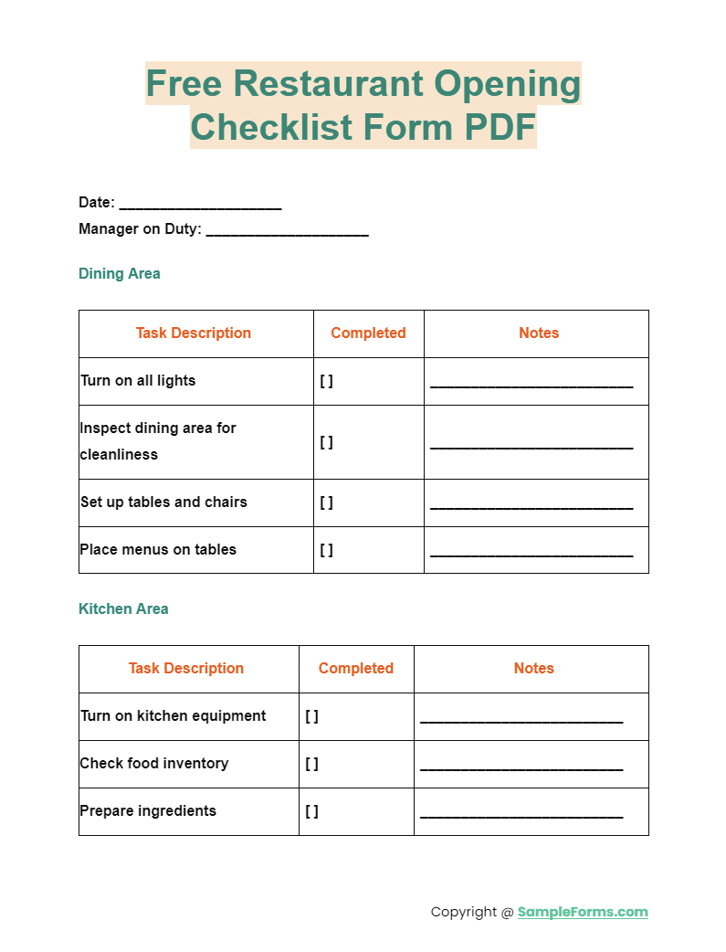 FREE 10+ Restaurant Opening Checklist Form Samples, PDF, MS Word ...