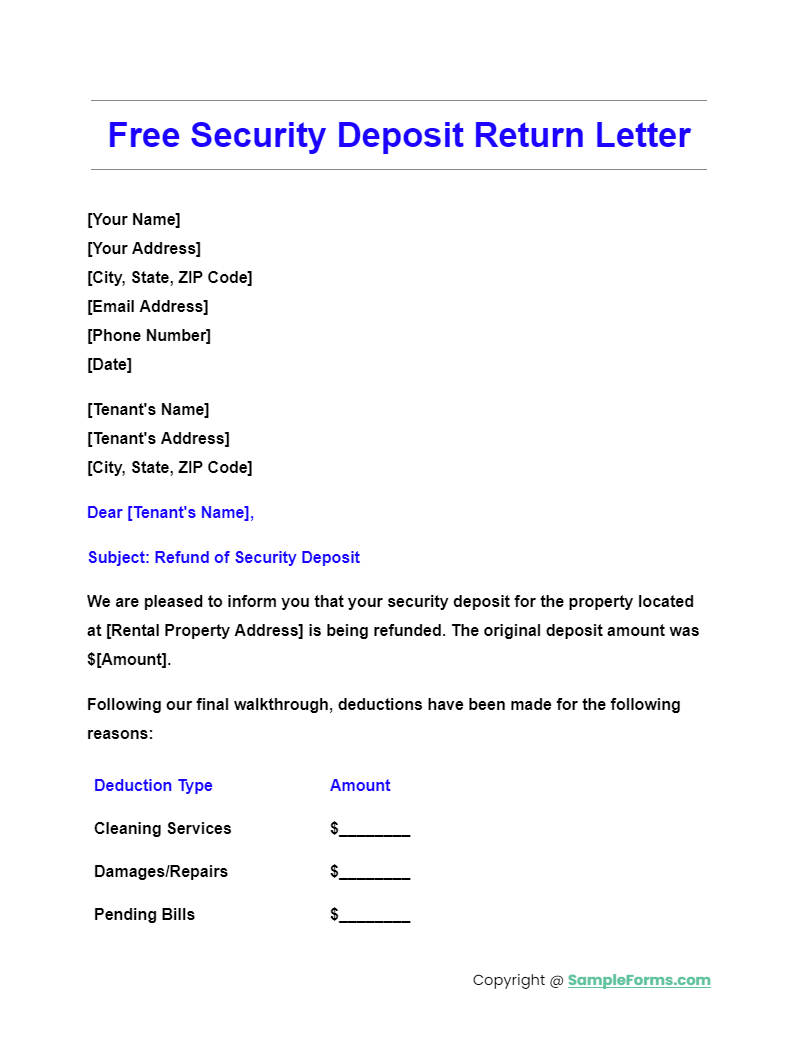 FREE 9+ Security Deposit Return Letter Samples, PDF, MS Word, Google Docs