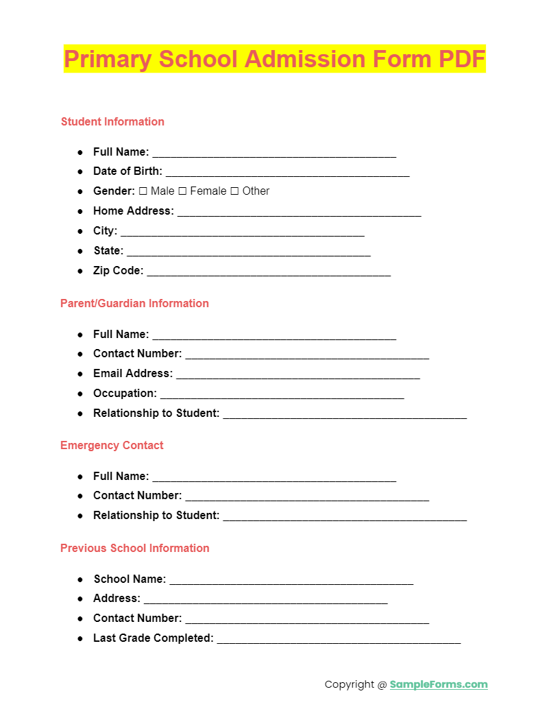 FREE 7+ Primary School Admission Form Samples, PDF, MS Word, Google Docs