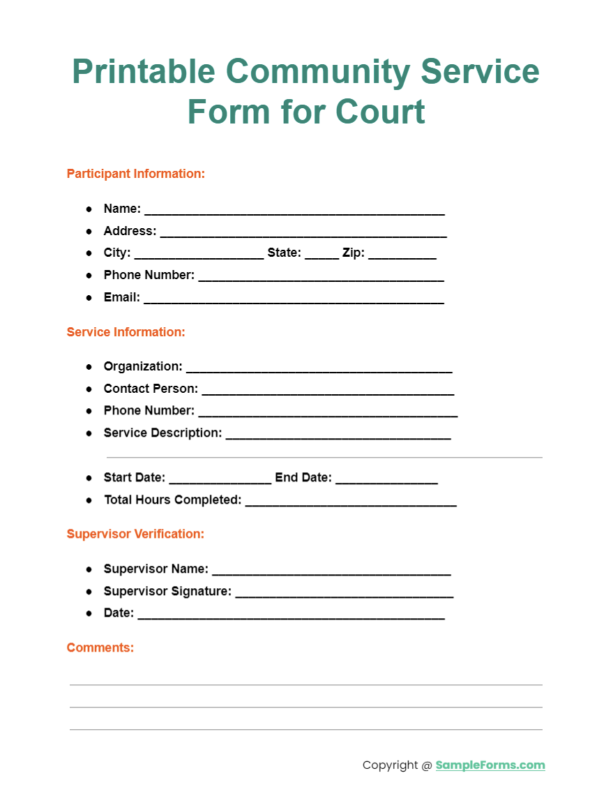 Court Ordered Community Service Form Prntbl concejomunicipaldechinu