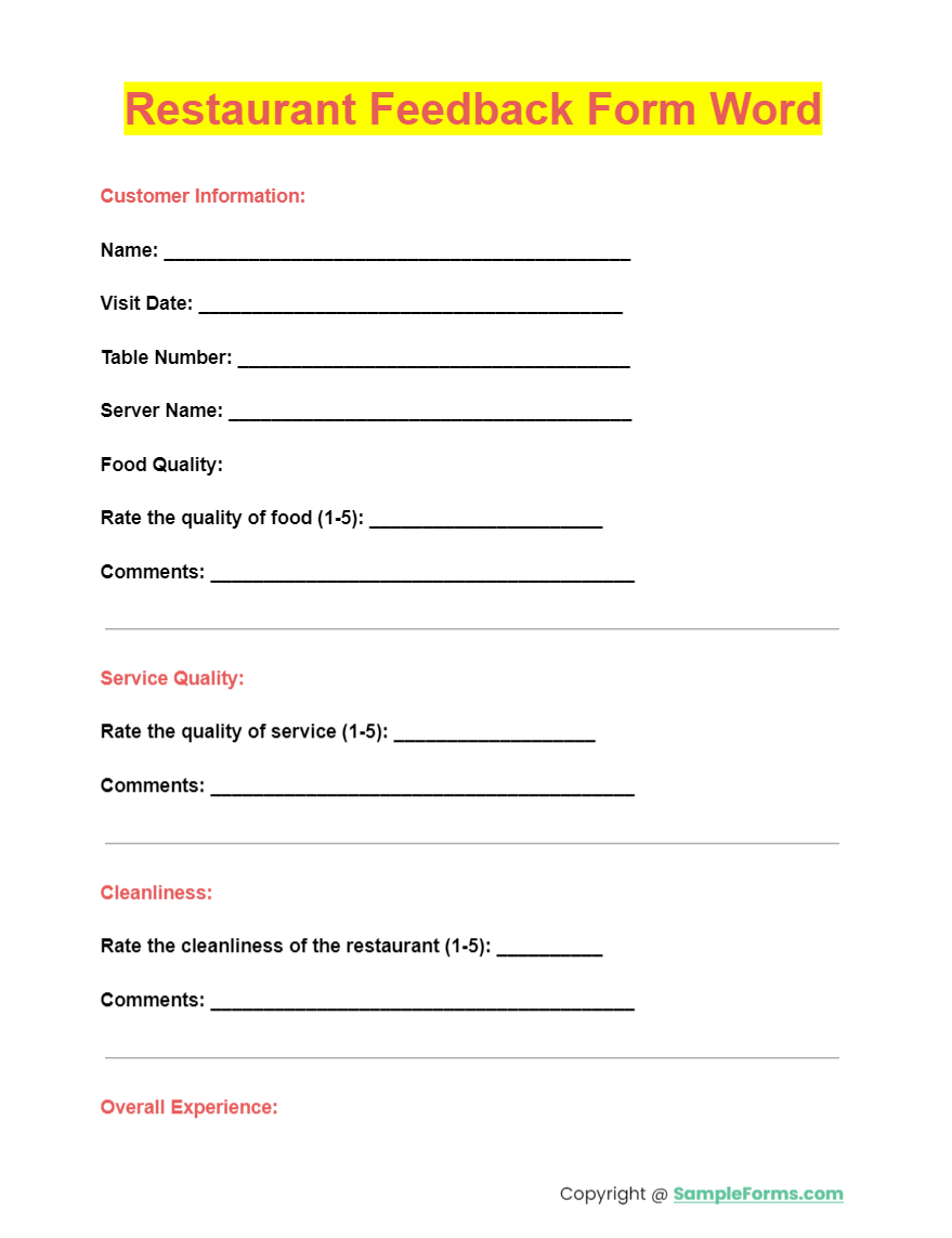 FREE 15+ Restaurant Feedback Form Samples, PDF, MS Word, Google Docs