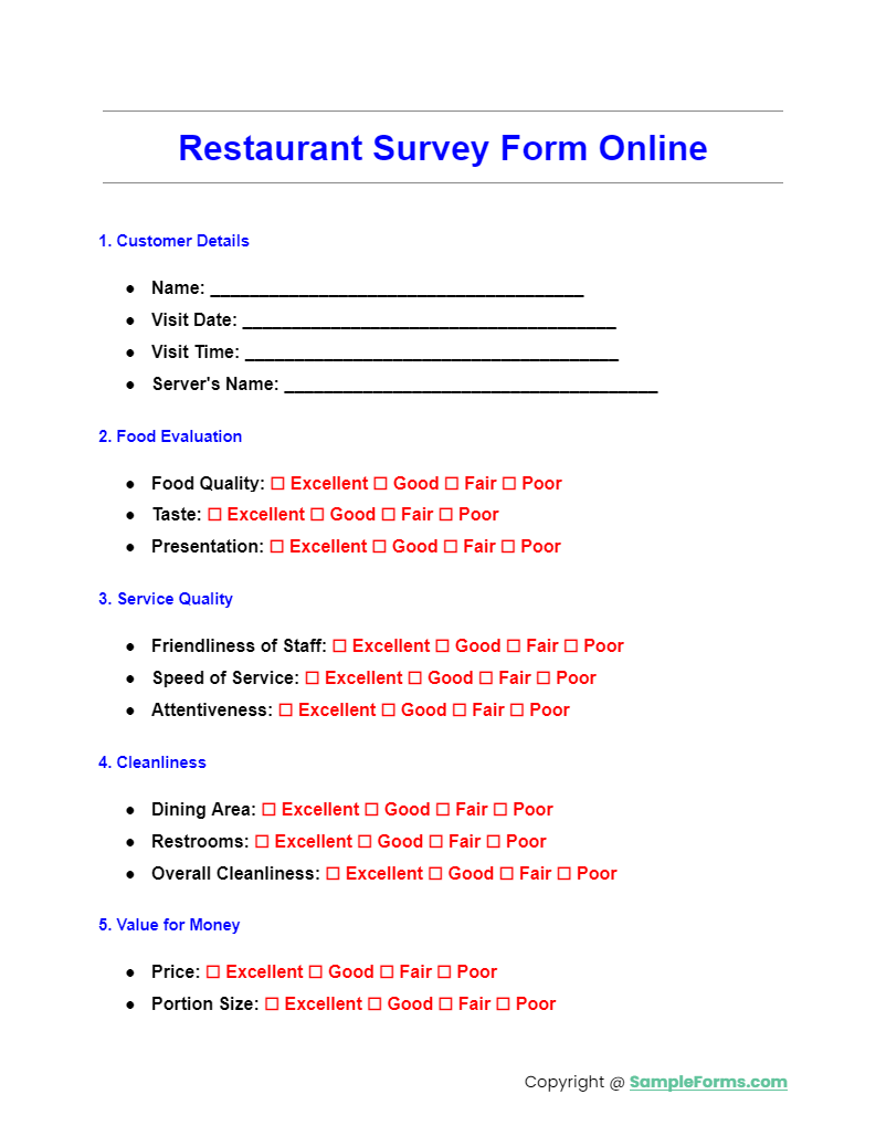 FREE 10+ Restaurant Survey Form Samples, PDF, MS Word, Google Docs