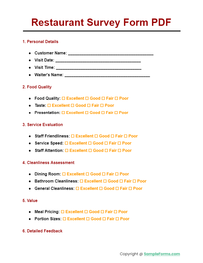 FREE 10+ Restaurant Survey Form Samples, PDF, MS Word, Google Docs