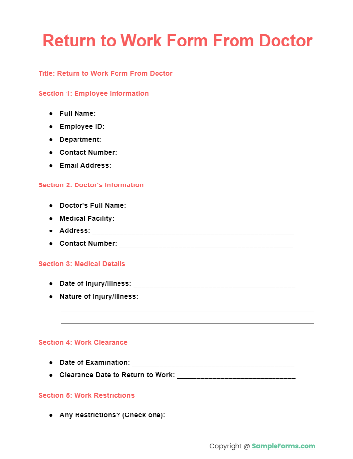 FREE 54+ Return to Work Form Samples, PDF, MS Word, Google Docs