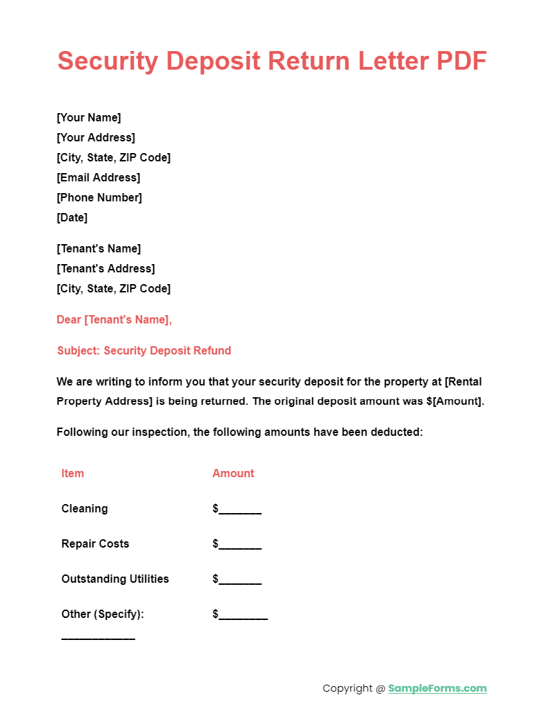 FREE 9+ Security Deposit Return Letter Samples, PDF, MS Word, Google Docs