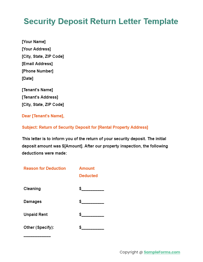 FREE 9+ Security Deposit Return Letter Samples, PDF, MS Word, Google Docs