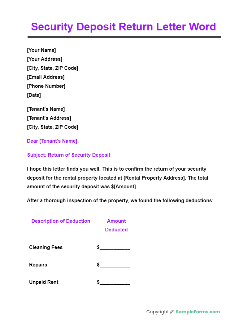 FREE 9+ Security Deposit Return Letter Samples, PDF, MS Word, Google Docs