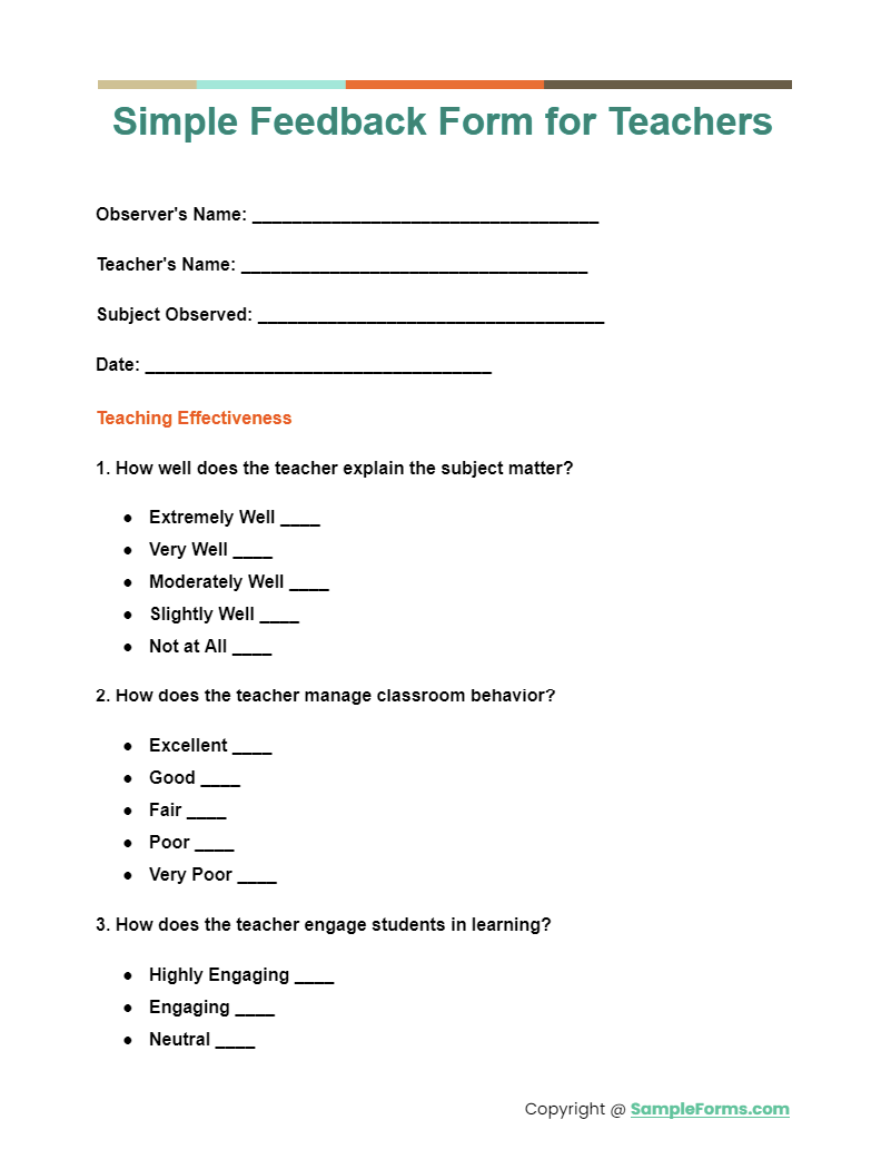 FREE 18+ Teacher Feedback Form Samples, PDF, MS Word, Google Docs