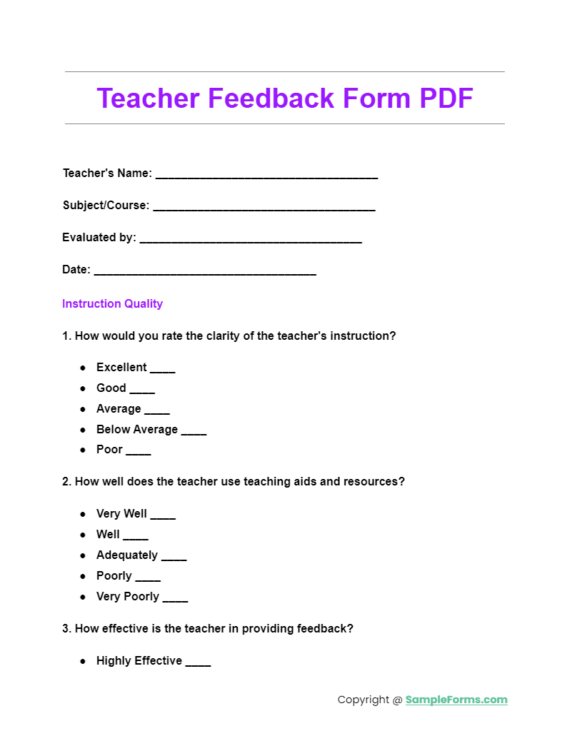 FREE 18+ Teacher Feedback Form Samples, PDF, MS Word, Google Docs
