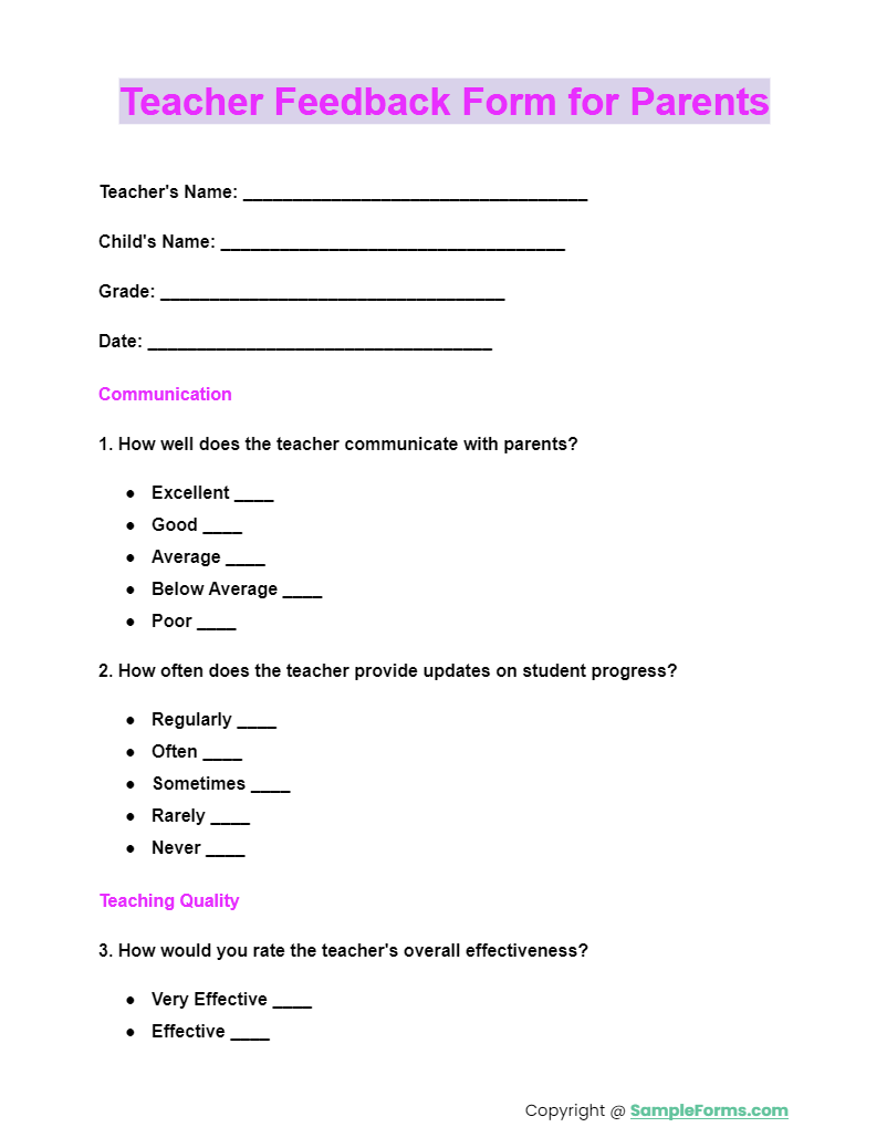 FREE 18+ Teacher Feedback Form Samples, PDF, MS Word, Google Docs