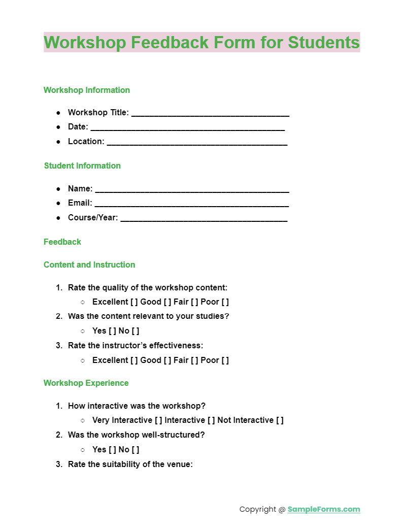 FREE 15+ Workshop Feedback Form Samples, PDF, MS Word, Google Docs, Excel