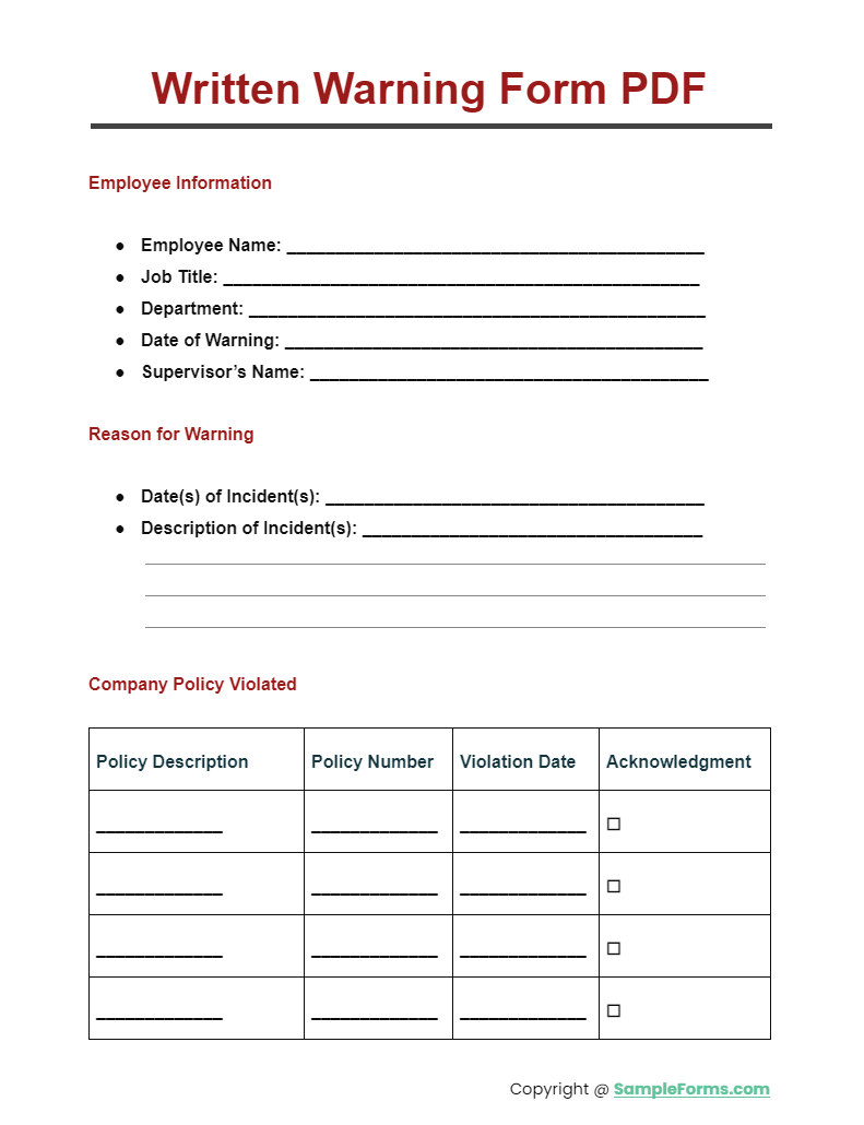 FREE 14+ Written Warning Form Samples, PDF, MS Word, Google Docs