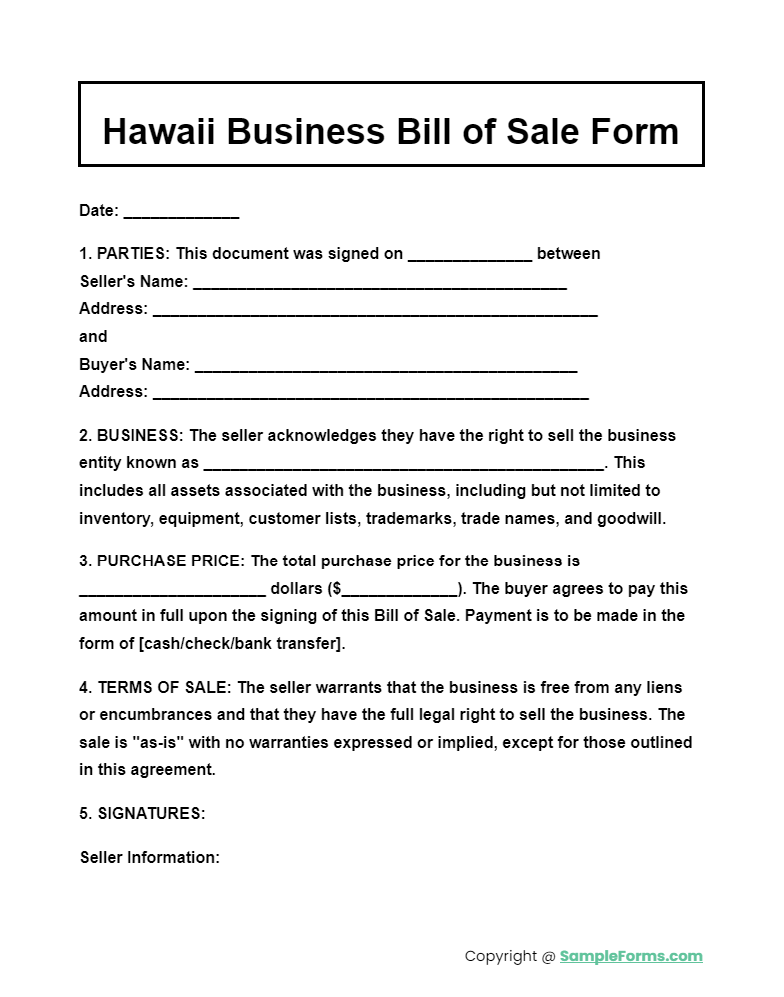 FREE 33+ Hawaii Bill of Sale Form Samples, PDF, MS Word, Google Docs