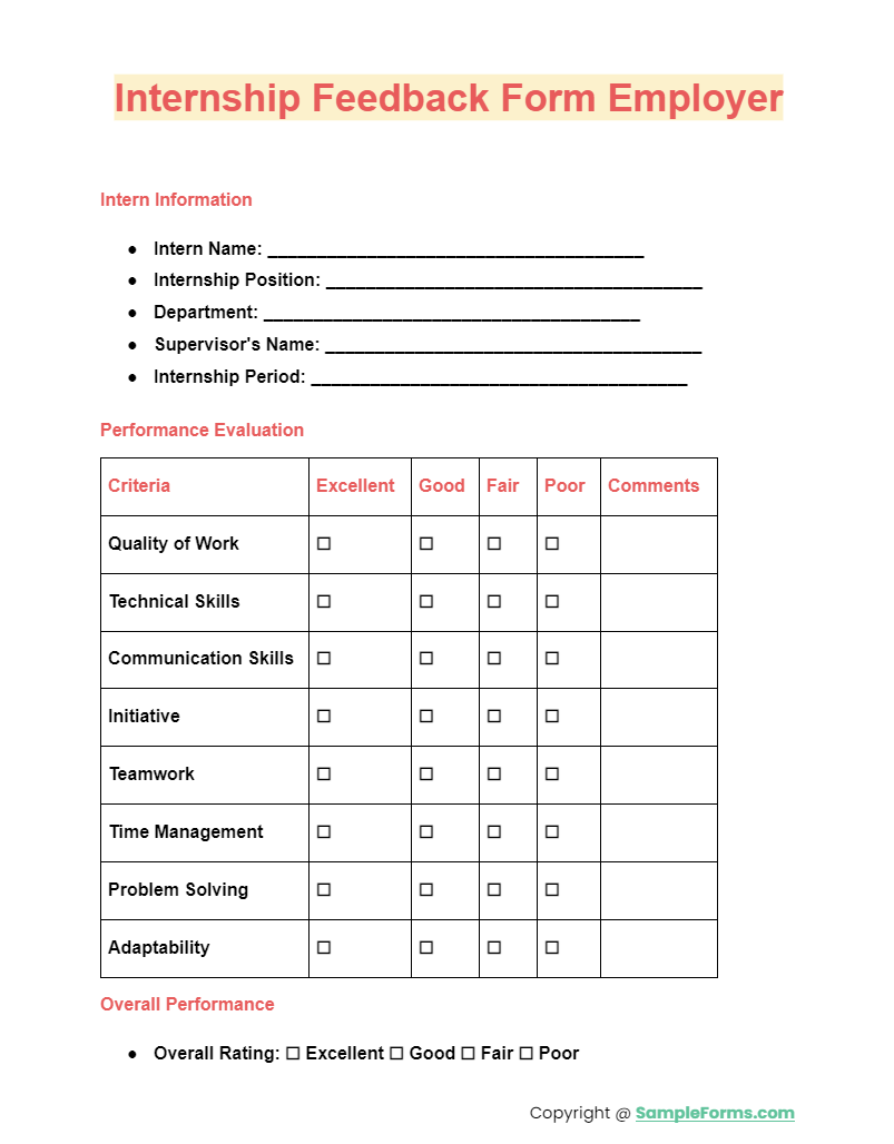 FREE 11+ Internship Feedback Form Samples, PDF, MS Word, Google Docs