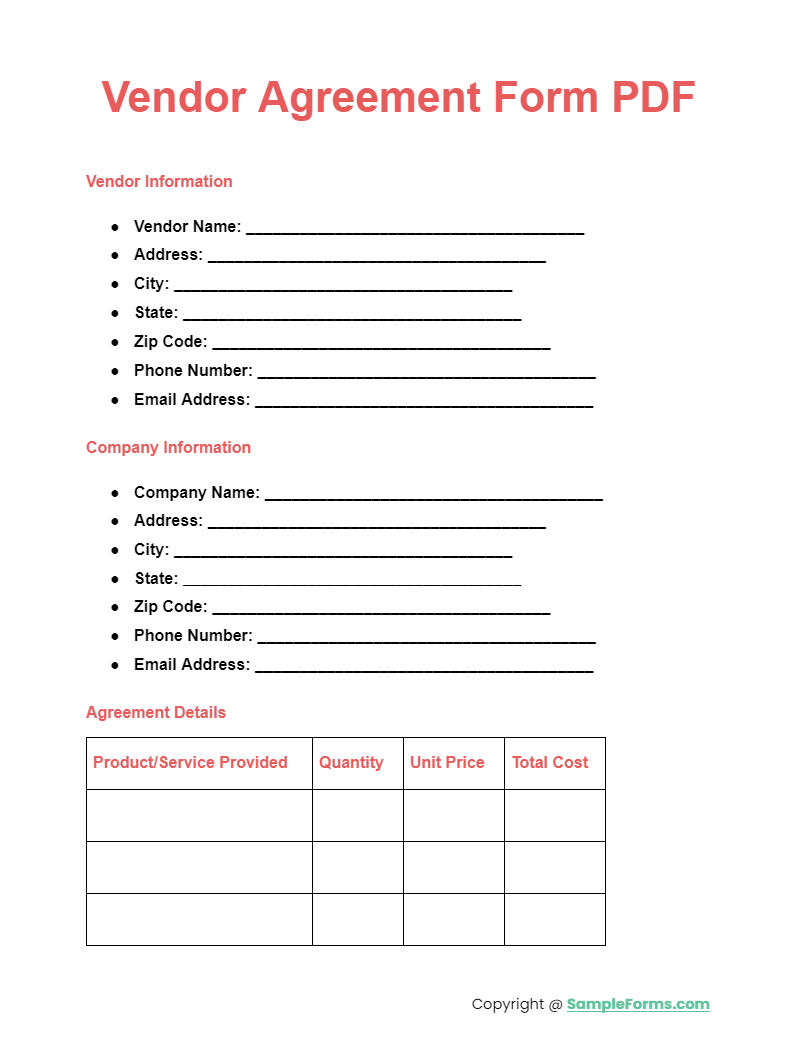 FREE 12+ Vendor Agreement Form Samples, PDF, MS Word, Google Docs