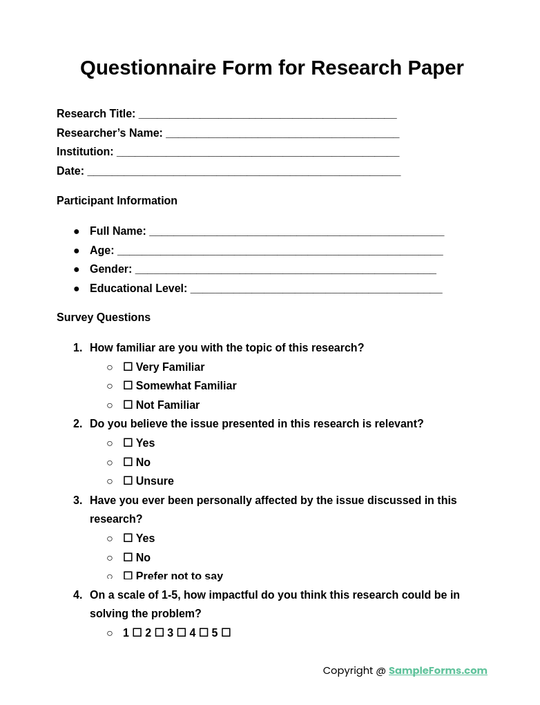 FREE 30+ Questionnaire Form Samples, PDF, MS Word, Google Docs, Excel