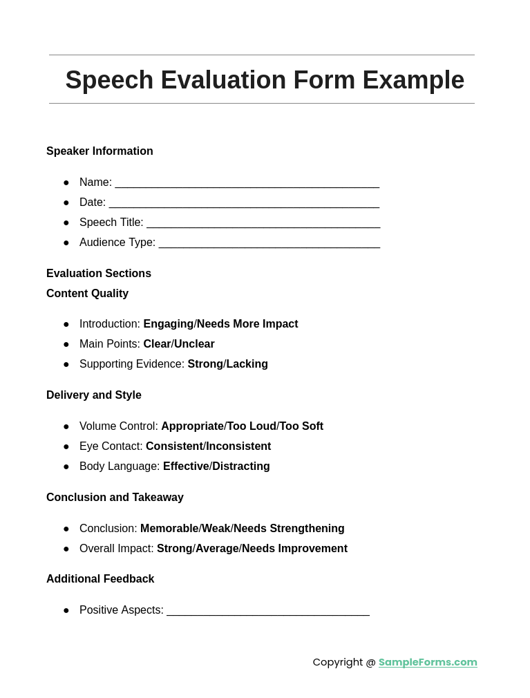 FREE 14+ Speech Evaluation Form Samples, PDF, MS Word, Google Docs, Excel