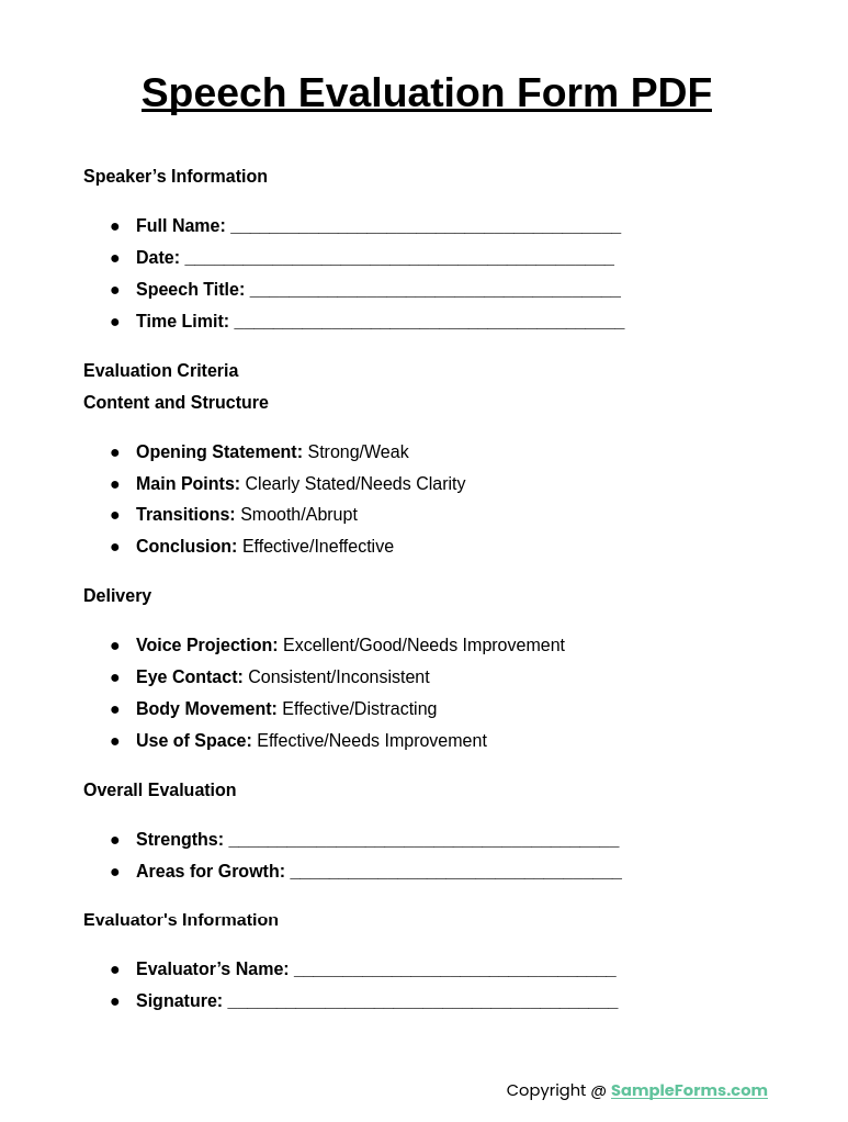FREE 14+ Speech Evaluation Form Samples, PDF, MS Word, Google Docs, Excel