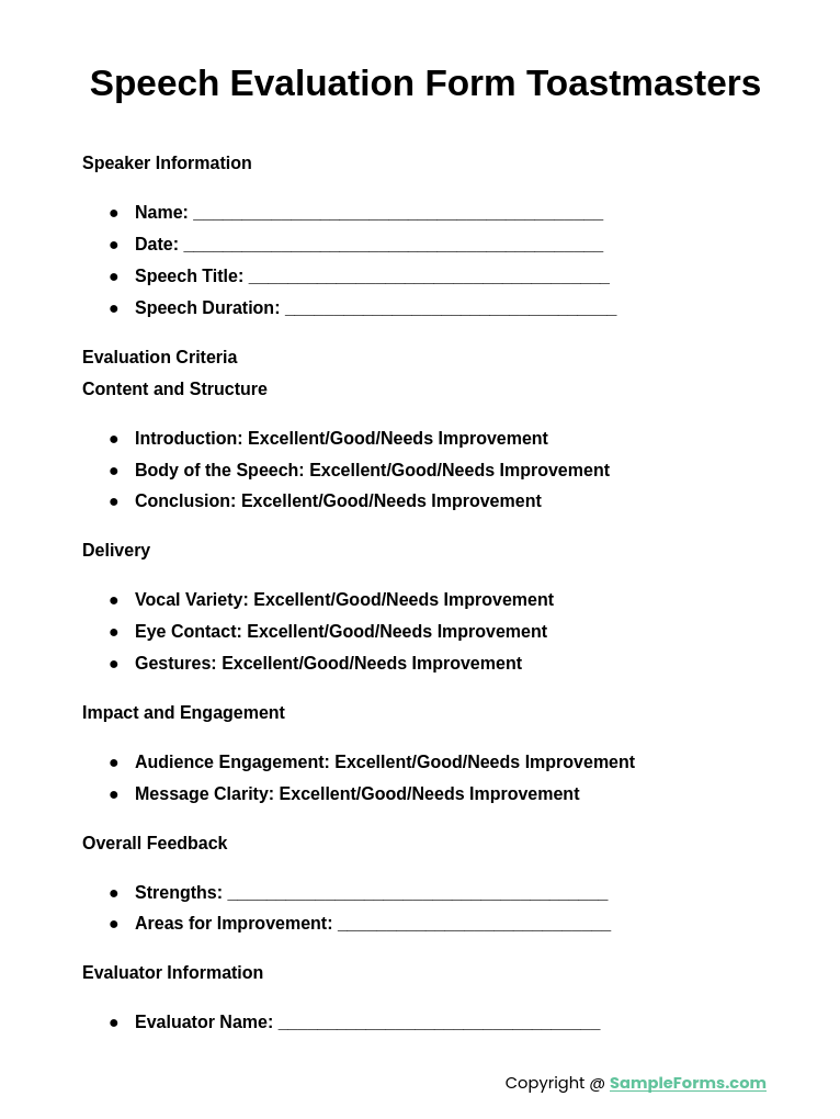 FREE 14+ Speech Evaluation Form Samples, PDF, MS Word, Google Docs, Excel