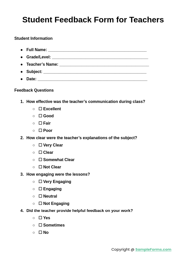 FREE 23+ Student Feedback Form Samples, PDF, MS Word, Google Docs