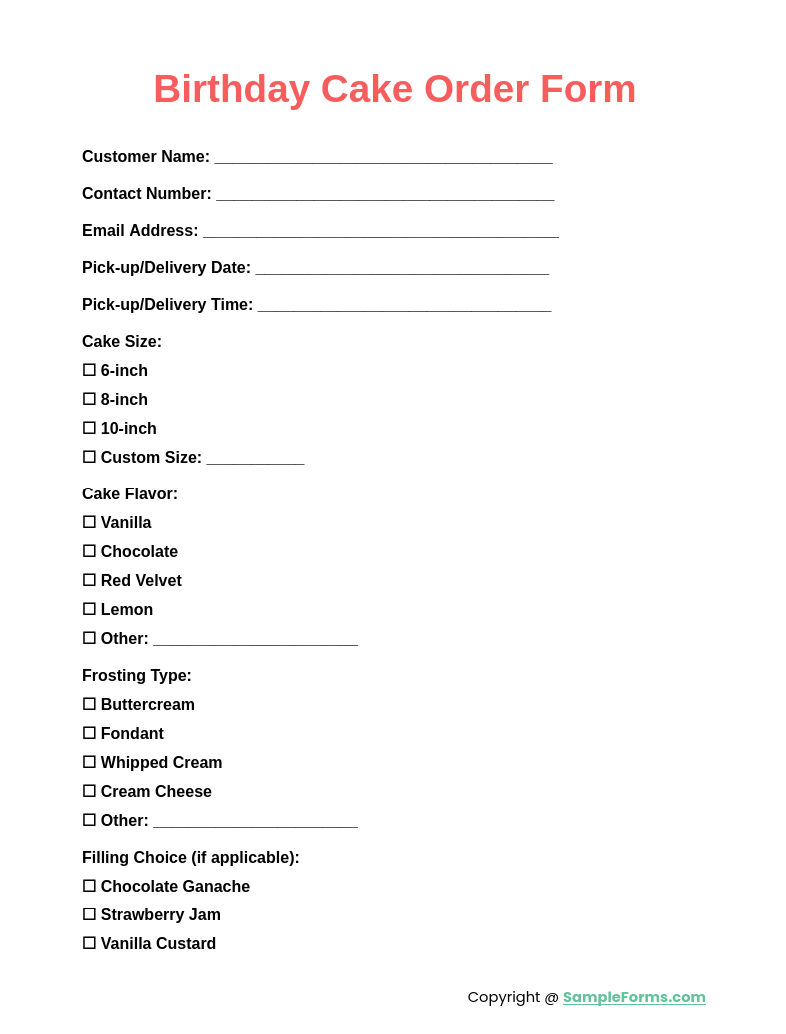 FREE 14+ Cake Order Form Samples, PDF, MS Word, Google Docs, Excel