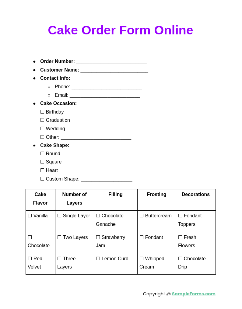 FREE 14+ Cake Order Form Samples, PDF, MS Word, Google Docs, Excel