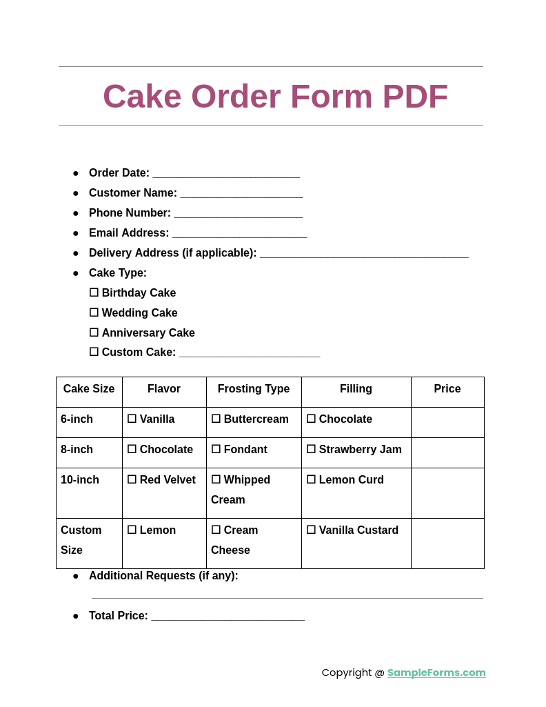 FREE 14+ Cake Order Form Samples, PDF, MS Word, Google Docs, Excel