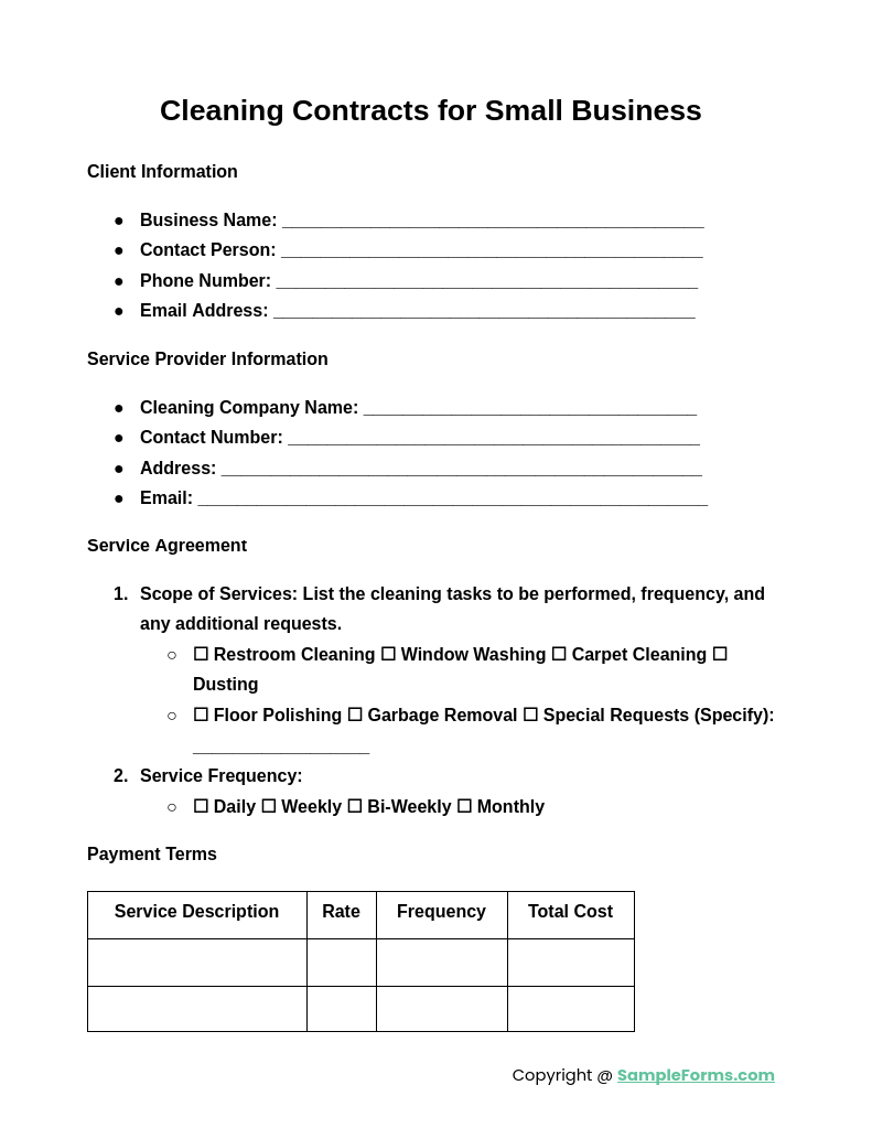 FREE 11+ Cleaning Contract Form Samples, PDF, MS Word, Google Docs