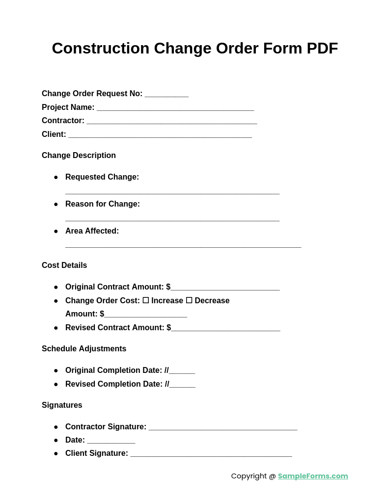 FREE 15+ Construction Change Order Form Samples, PDF, MS Word, Google ...