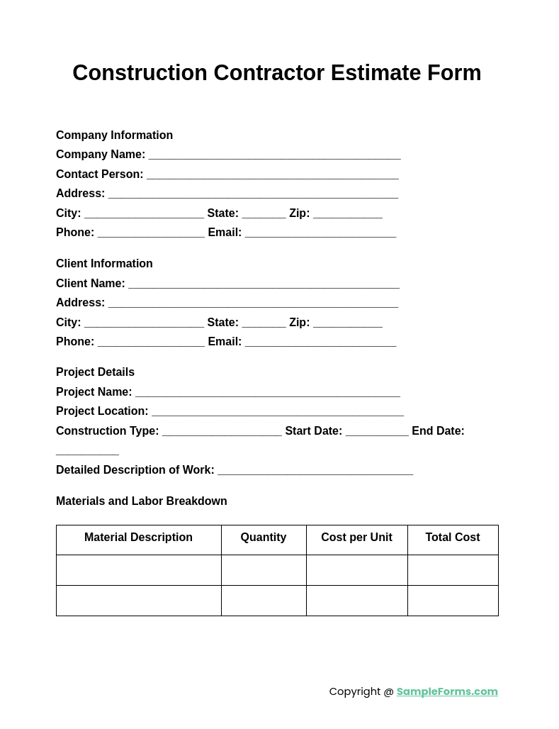 FREE 11+ Contractor Estimate Form Samples, PDF, MS Word, Google Docs