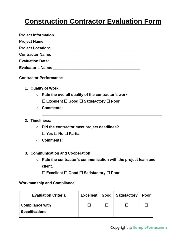 FREE 11+ Contractor Evaluation Form Samples, PDF, MS Word, Google Docs