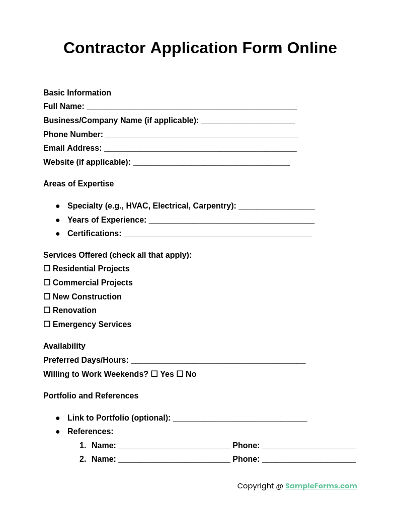 FREE 14+ Contractor Application Form Samples, PDF, MS Word, Google Docs ...