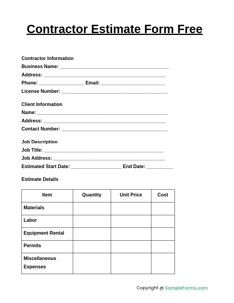 FREE 11+ Contractor Estimate Form Samples, PDF, MS Word, Google Docs