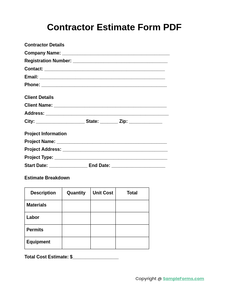 FREE 11+ Contractor Estimate Form Samples, PDF, MS Word, Google Docs