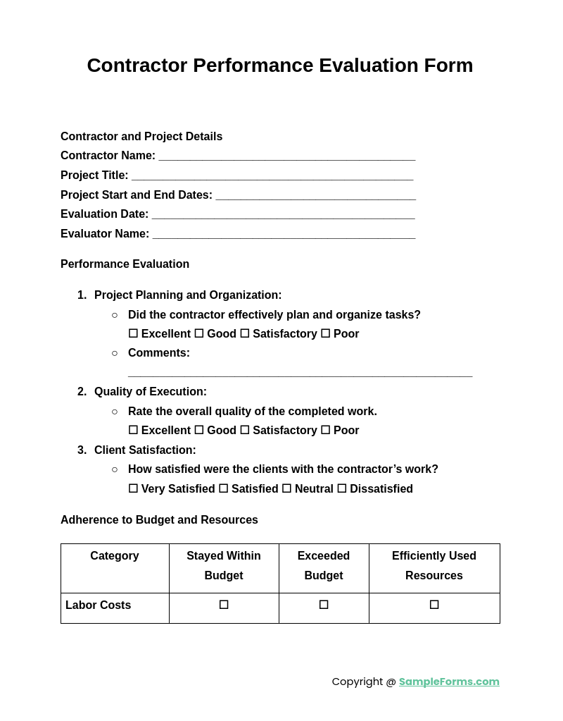 FREE 11+ Contractor Evaluation Form Samples, PDF, MS Word, Google Docs