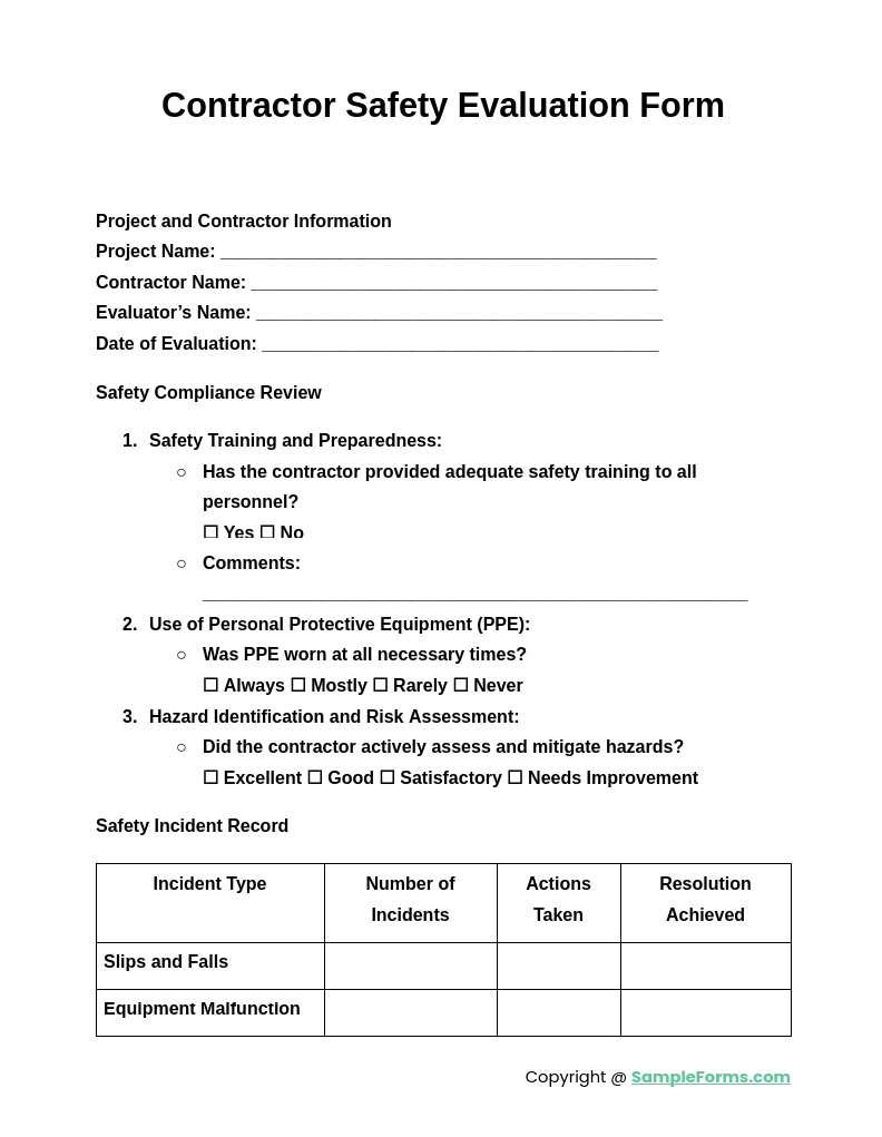 FREE 11+ Contractor Evaluation Form Samples, PDF, MS Word, Google Docs