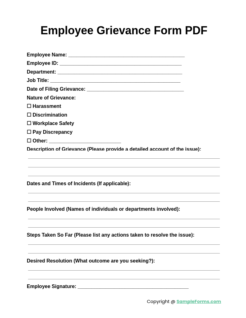 FREE 11+ Employee Grievance Form Samples, PDF, MS Word, Google Docs