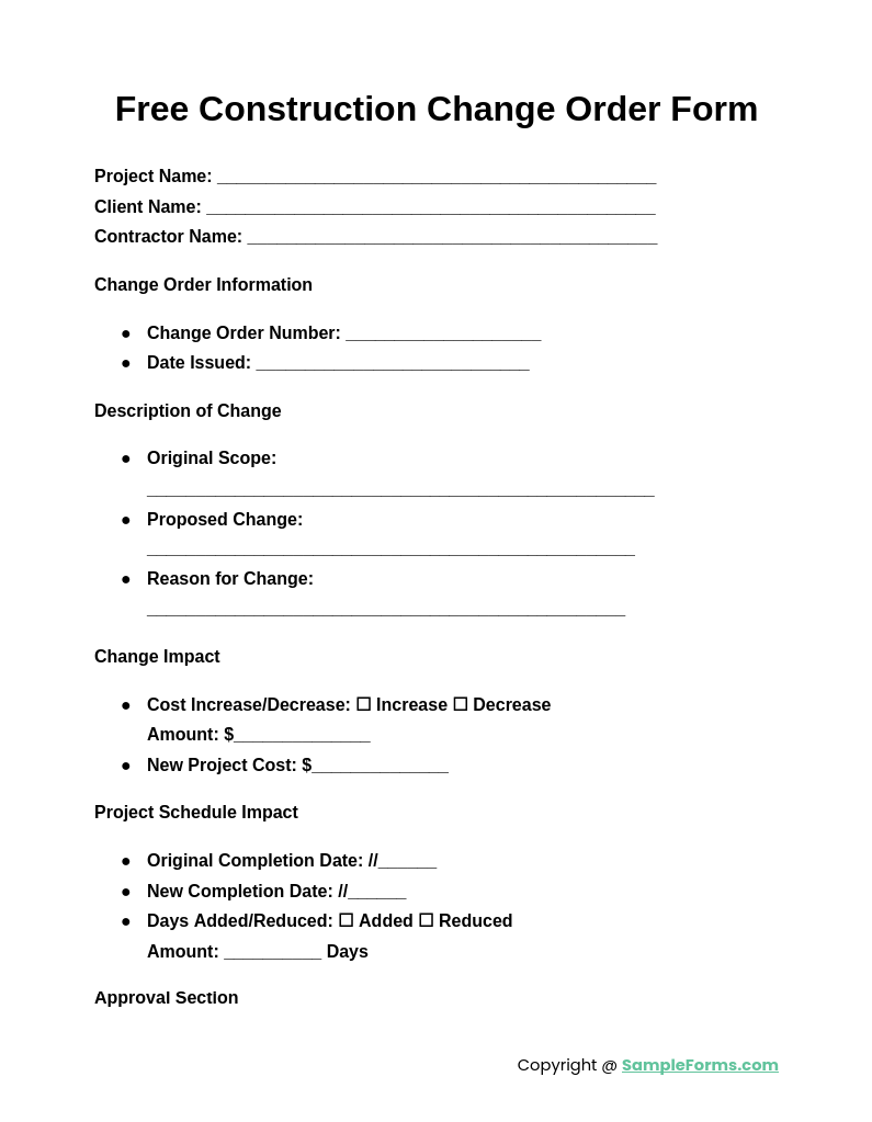 FREE 15+ Construction Change Order Form Samples, PDF, MS Word, Google Docs, Excel