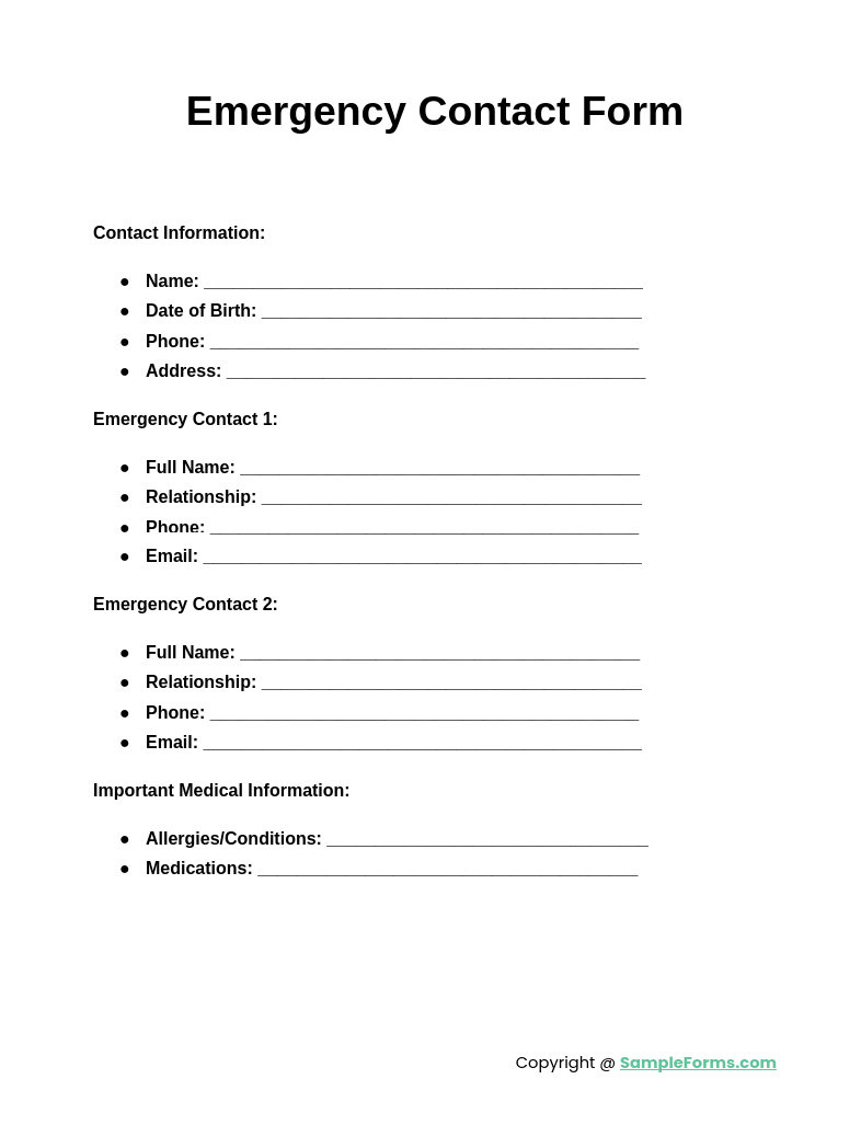 FREE 38+ Emergency Contact Form Samples, PDF, MS Word, Google Docs, Excel