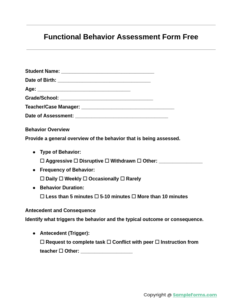 FREE 8+ Sample Functional Behavior Assessment Forms in MS Word | PDF